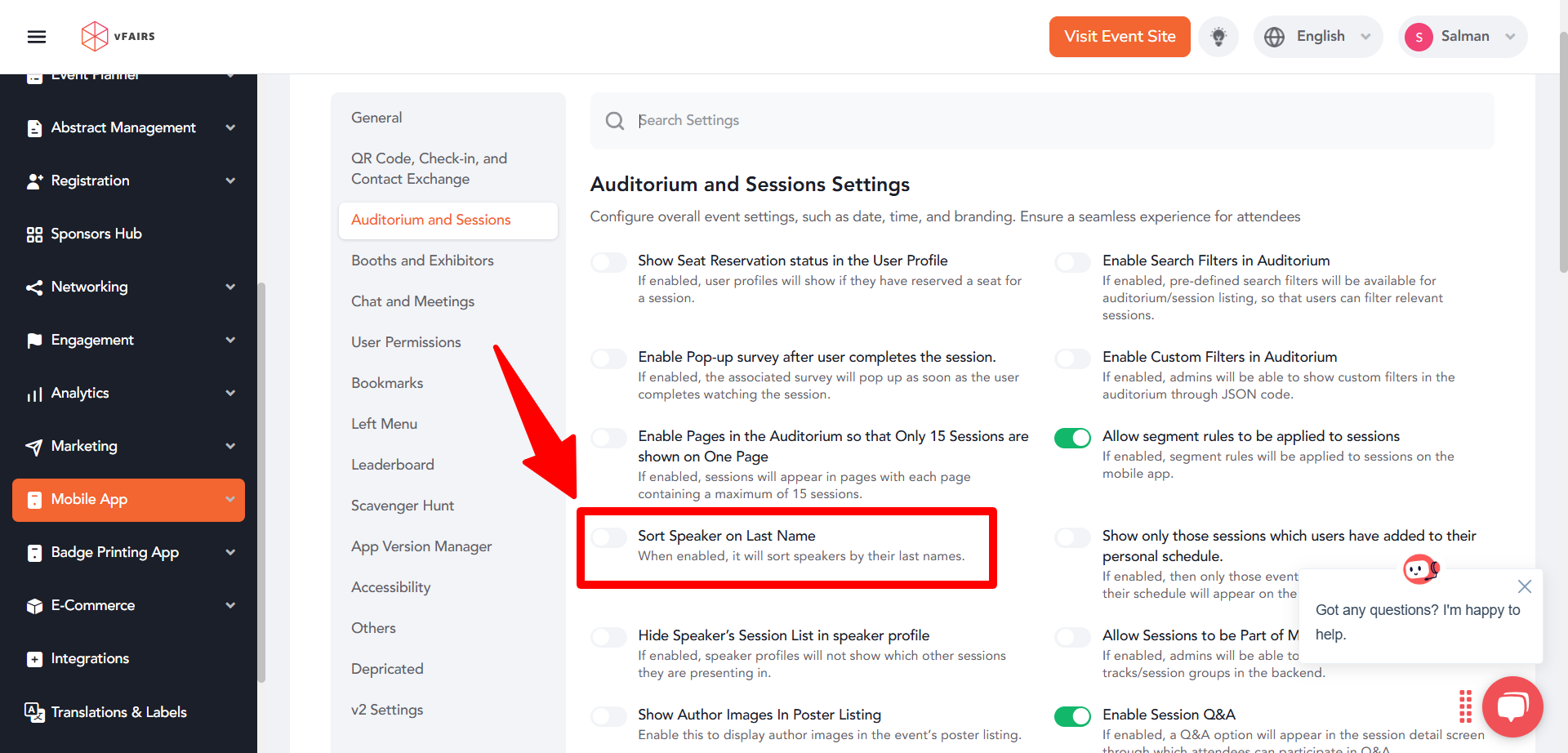 How to sort speakers by their last name in the mobile app