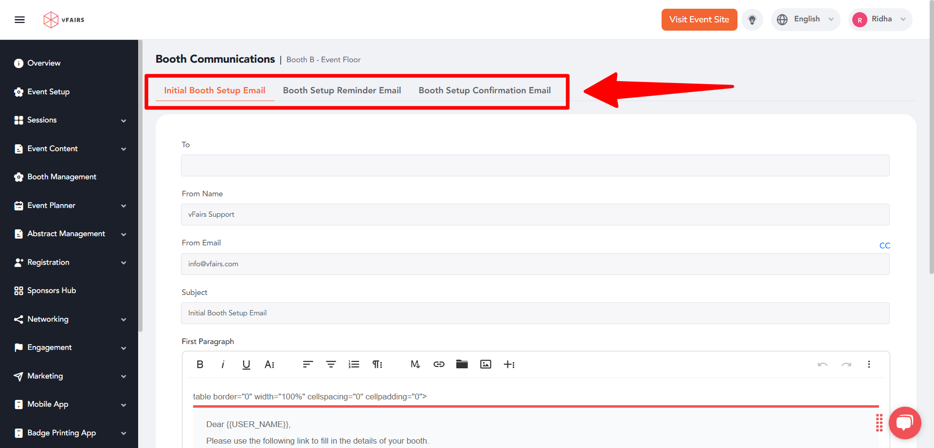 How to send emails from the backend to exhibitors